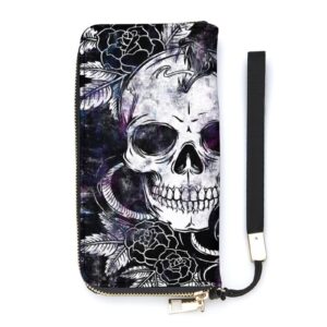 qsmx wallets for women teen girls boys,cool skull snake rose gothic style card cash envelope clutch bag customize leather long handbag case with removable wristlet chaines