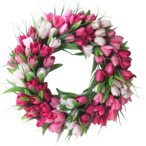 wddh artificial tulip wreath, 12inch round front door tulip wreath with rattan base, spring tulip floral wreath for wedding arch home garden decor