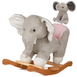 specialyou baby rocking horse wooden rockers with seat elephant rocking horse ride plush stuffed animals toy -set of 2, boy girl kids ride on toys for 10 months to 3 years old, 25" lx10 wx16 h, gray