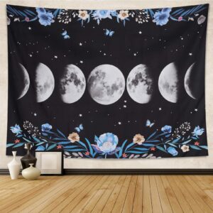 pocass moon phase tapestry with floral vine butterfly moonlit garden tapestry black background flower wall hanging tapestry for home 59.1ʺ × 78.7ʺ