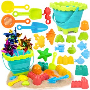 amor present beach toys set 31pcs, foldable bucket for kids sand toys, beach pails and collapsible beach toys with castle and sand molds for toddlers