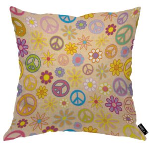 ekobla peace signs throw pillow cover colorful flowers groovy garden cartoon harmony summer symbol cozy square cushion case for men women boys girls room home decor cotton linen 18x18 inch