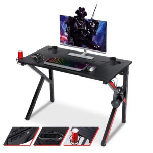 super deal gaming desk 45" w x 23" d x 30" h home office computer desk w/power outlet, free red and blue stickers, cup holder, headphone hook, black