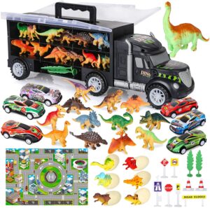 yimore dinosaur truck toy car transporter carrier set include dinosaur figures & egg mini racing car with play mat, road signs for children 37pcs