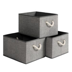 songmics fabric storage boxes, set of 3 storage cubes, foldable baskets with handles, 15.7 x 11.8 x 9.8 inches, toy storage, linen pattern, gray urfb013g01