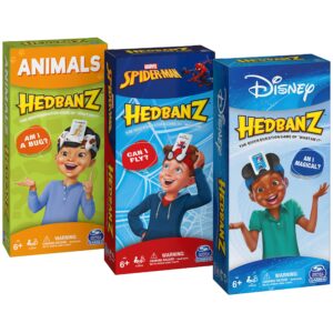 hedbanz, picture guessing board game bundle of disney, spiderman, animals family game night, for adults & kids aged 6 and up