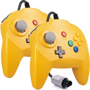 modeslab 2 pack wired n64 controller, gamepad joystick replacment original 64 controllers compatible for n64 console upgrade [ 3d analog stick ] - yellow