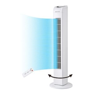 free village jtf-03r 30'' bladeless tower fan - 30 inch portable tower fan with remote, 7.5 hours timer, 70° oscillation, compact size, 3 modes and 3 speed settings, safe for kids and pets, white