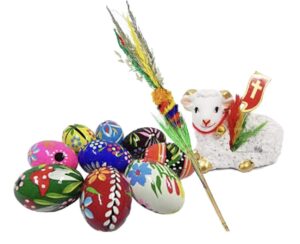 yohowai polish easter handpainted wooden eggs (pisanki) pysanky 6pc + easter lamb (baranek gipsowy) 1pc + small easter traditional palm 14inch (palma wielkanocna). product from poland.