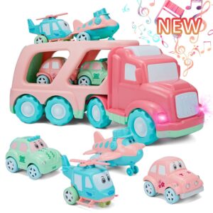 shcke cartoon pink toy cars for girls, 5 in 1 friction powered pink truck toy for toddlers, macaron car/airplane/helicopter, perfect toddler car toy for girls