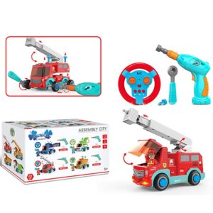 mnick & company firetruck toys for kids 6 years old & up, fire truck with lights and sounds, remote control and powered drill for educational fun learning construction & assembly to build fire trucks