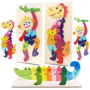 wooden jigsaw puzzle toy for toddlers 1-3 years old- 3 sets of animals dinosaur crocodile monkey,colorful wood numbered puzzles baby infant kid preschool learning educational toys.