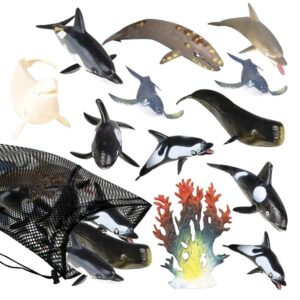 artcreativity dolphins & whales in mesh bag, pack of 12 sea creature figurines in assorted designs, bath water toys for kids, ocean life party décor, party favors for boys and girls