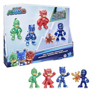 pj masks night time mission glow-in-the-dark action figure set, preschool toy for kids ages 3 and up, 4 figures and 1 accessory