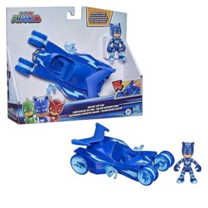 pj masks catboy deluxe vehicle preschool toy, cat-car toy with spinning super cat stripes and catboy action figure for kids ages 3 and up