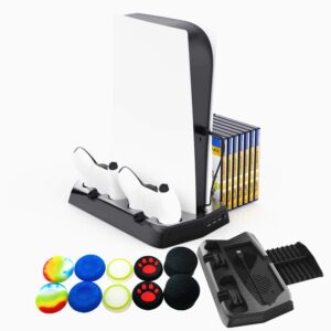 cooling fan for ps5, 2-in 1 vertical stand with dual controller charger ports and 14 game rack storage for ps5 cd/digital edition with 10pcs thumb joysticks