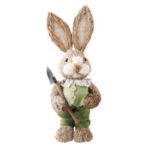 alapaste standing easter bunny figures,14.2inch funny sisal easter bunny holding shovel wearing green nest for party and home garden decor, for kids