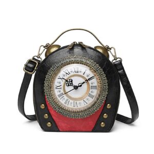 steampunk handbags women real working clock antique shoulder bag pu leather retro vintage evening cross body messenger bag(black)