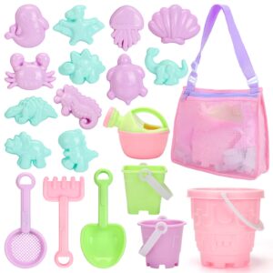 tagitary beach sand toys set for kids 3-10 with bucket watering can shovel rake sand molds beach shell bag