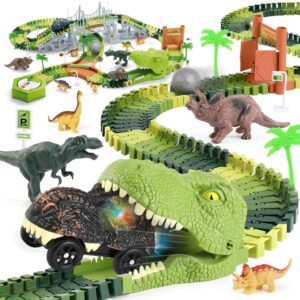 dinosaur toys race track,174pcs flexible track set with 2 dino cars,create a dinosaur world road race,include 8 dinosaur figurines,jumbo dinosaur head,dino door & bridge for kids toddlers boys girls