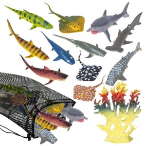 artcreativity sharks & rays in mesh bag, pack of 12 sea creature figurines in assorted designs, bath water toys for kids, ocean life party décor, party favors for boys and girls