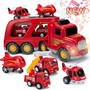 fire truck toy for 3 4 5 6 years old toddlers,friction powered toddler fire truck with sound & light, firetruck/helicopter/airplane, christmas birthday gifts for boys and girls