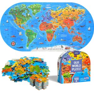 mideer floor puzzle for kids 4-8, 100 piece world map jigsaw puzzle with continents, geography educational toys for boys and girls, globe atlas puzzle maps preschool learning game for kids ages 4-6