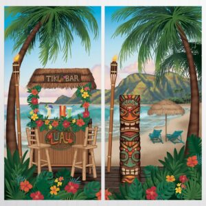 amscan vintage tiki scene setters (pack of 2) - 65" x 33.5" - multicolor plastic luau backdrops - perfect for hawaiian-themed celebrations & summer parties