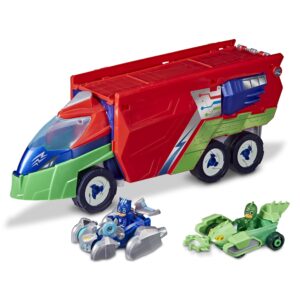 pj masks toys pj launching seeker car playset with sounds, 2-in-1 vehicle and car launcher, preschool toys for 3 year old boys and girls and up