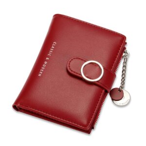 oyaton small wallet for women, slim compact faux leather women bifold pocket wallet with zipper coin purse and credit card holder (red)