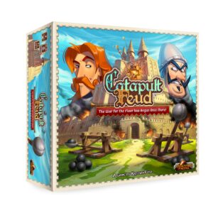 iello: catapult feud game - ready, aim... launch the catapults! 2 player game, strategy board game, knock down all your opponent's troops to win, for ages 7 and up