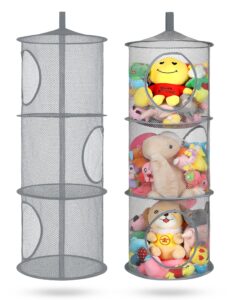 coastal rose 2pcs stuffed animal storage foldable stuffed animal net or hammock organizer, 3 compartments hanging mesh toy storage hammock for kid room toys, gloves, hats, socks（grey）