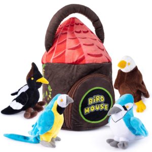 talking plush audubon birds | audubon stuffed bird | talking bird toy | audubon bird stuffed animals | plush birds with authentic sound | includes 4 talking birds | plush bird house shaped carrier