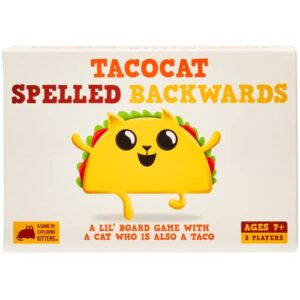 tacocat spelled backwards by exploding kittens - 2 players - ages 7+ - 15 minutes to play - clever family board game - couples game, family game night, kid and adult board game