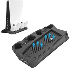 vertical stand with cooling fan station charging dock, for ps5 console and ps5 digital edition with 3 usb hubs, 2 dualsense controller charging dock