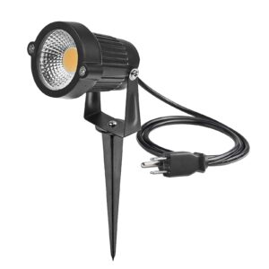 powstro k 5w lawn flood light, cob led floodlight outdoor led spotlight for garden, us plug cob led lawn light, home gardening railing and lawn landscape lighting, with spike (warm light)