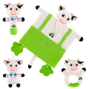 ush baby rattle toys for babies 0-6 months soft baby toys stuffed animal plush rattle newborn sensory toys newborn infant security blanket loveys small animals doll（cow）