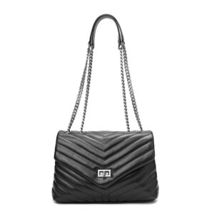 evalulu leather quilted chain shoulder bag designer women flap handbags (medium, black)