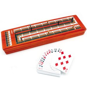 cribbage board game set. unique large wooden continuous 3 track board with larger storage area, 9 metal pegs and 2 decks of playing cards. travel portable cribbage personalized boards card game sets