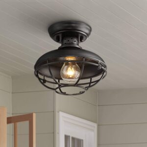 franklin iron works franklin park modern farmhouse vintage outdoor ceiling light fixture black 8 1/2" open metal cage exterior house porch patio outside deck garage front door garden home roof