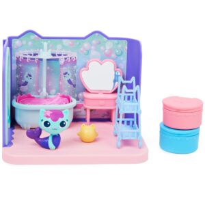 gabby’s dollhouse, primp and pamper bathroom with mercat figure, 3 accessories, 3 furniture and 2 deliveries, kids toys for ages 3 and up