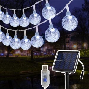 white string lights solar/usb powered, 60leds 26ft crystal globe fairy lights with multi-modes & waterproof function for outdoor garden & indoor room decor