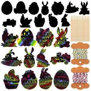 72 pieces easter scratch paper kits scratch ornaments for kids rainbow colorful scratch paper art craft rainbow easter day egg bunny chick cutouts with 12 wooden stylus 2 color ropes for easter party