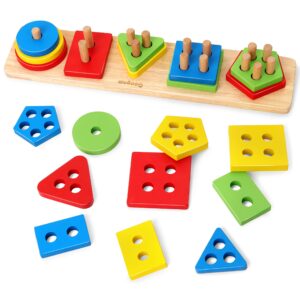 coogam wooden sorting stacking montessori toys, shape color recognition blocks matching puzzle stacker geometric board early educational puzzles for years old boys and girls