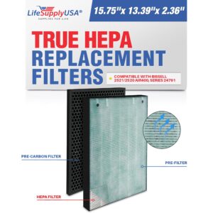 lifesupplyusa 3-in-1 true hepa air cleaner replacement filter + pre-filter + carbon filter compatible with bissell 2521/2520 air400, series 24791 air purifiers