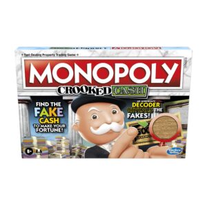 monopoly crooked cash board game for families and kids ages 8 and up, includes mr decoder to find fakes, game for 2-6 players