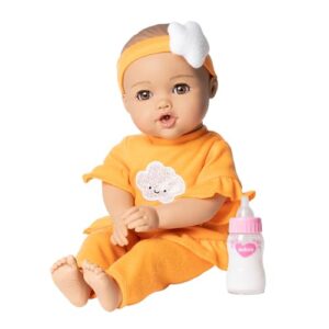 adora nurture time babies collection, 13" baby doll and clothes set with 3 touch activated features includes removable cloud patterned outfit, doll bottle, birthday gift for ages 1+ - sweet orange