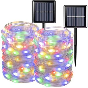 qitong 2 pack upgraded pvc solar fairy lights, each 33ft 100 led multicolor solar string lights outdoor waterproof, 8 modes solar christmas twinkle lights