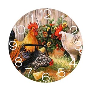 tazprab chicken roosters garden flowers painting wall clock silent non-ticking 10 inch round wall clock home decor clock art for living room kitchen bedroom