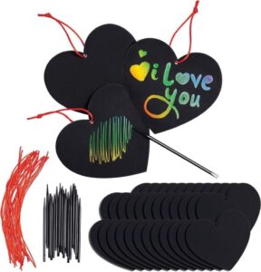 neliblu valentine's day decoration scratch art paper crafts kit bulk pack of scratch hearts with magic rainbow colors - rainbow scratch art for kids with 24 heart cards, 24 scratch sticks, 24 ribbons